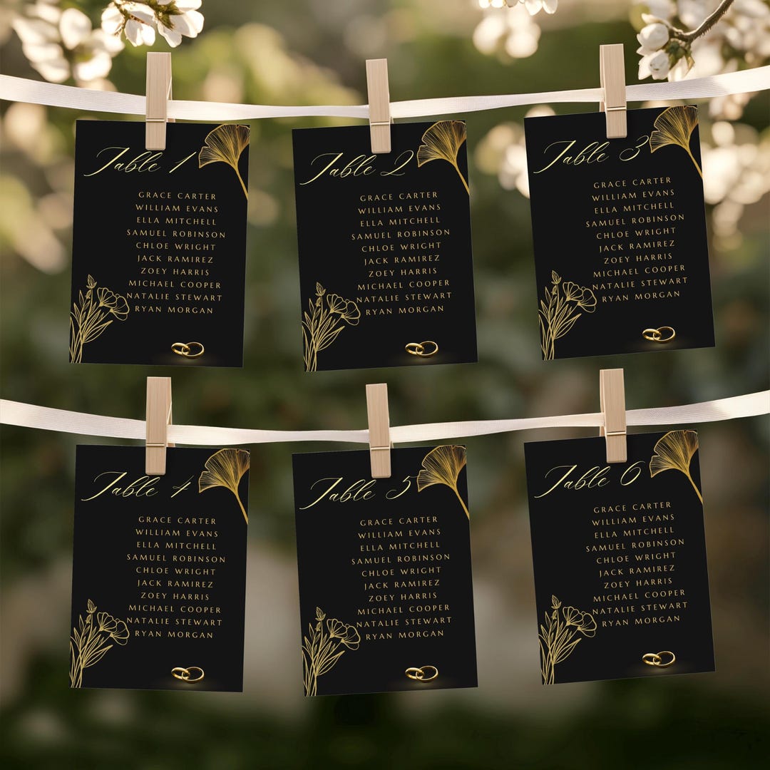 Editable Black and Gold Wedding Seating Card Template, Printable Gold ...