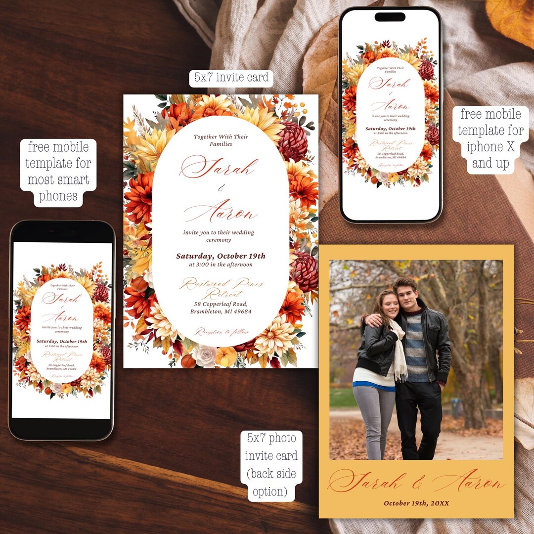 Editable Fall Floral Wedding Invitation Template, Printable Oval Floral ...