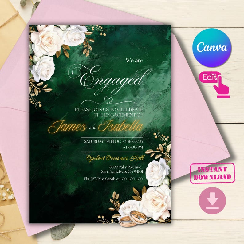 Editable Emerald Green and Gold Floral Engagement Party Invitation ...