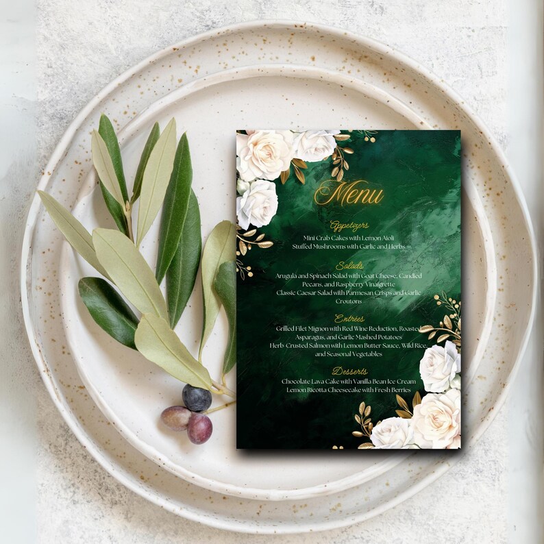 Editable Emerald Green and Gold Menu Card Template, Printable Green ...