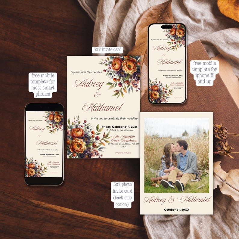 Editable Cream Autumn Wedding Invitation Template, Printable Beige Fall ...