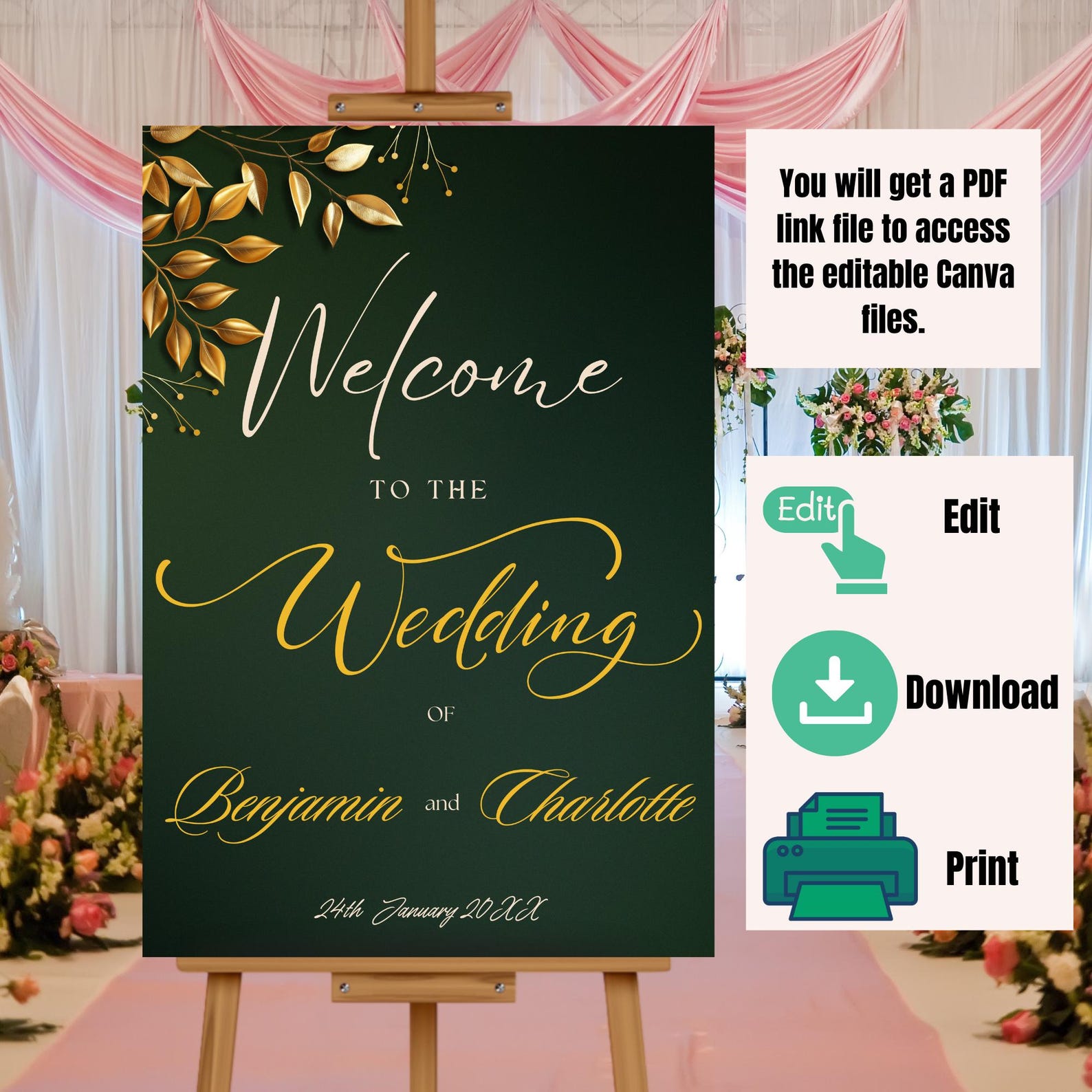 Editable Printable Emerald Green and Gold Wedding Welcome Sign ...