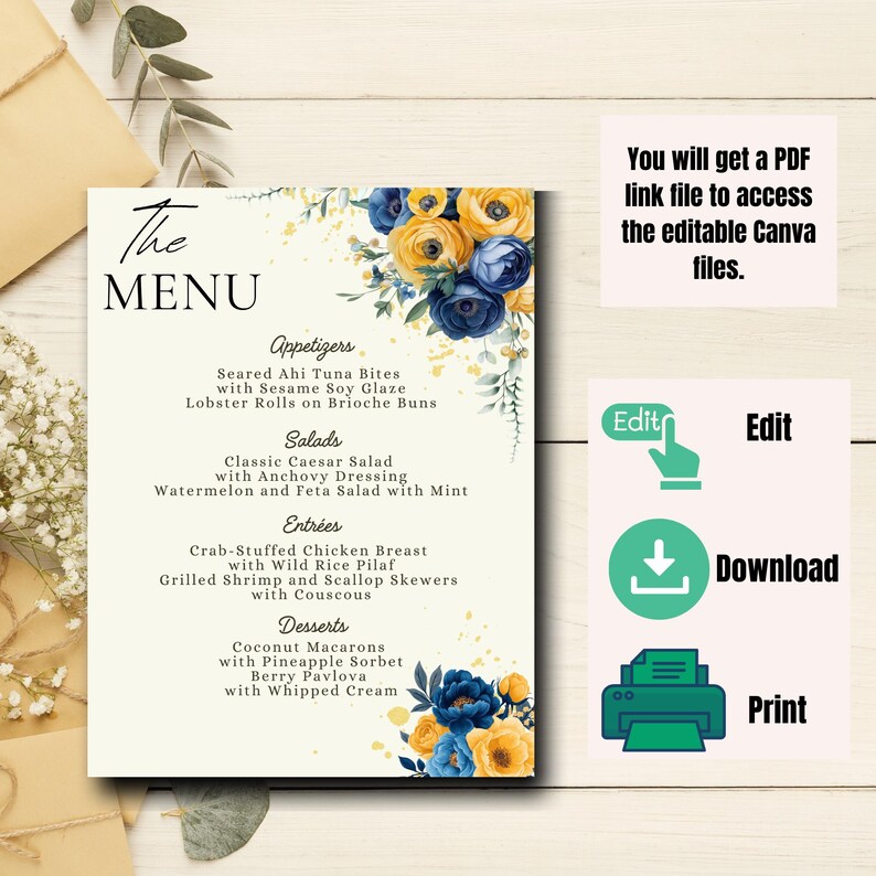 Editable Blue and Yellow Floral Wedding Menu Template, Printable Blue ...