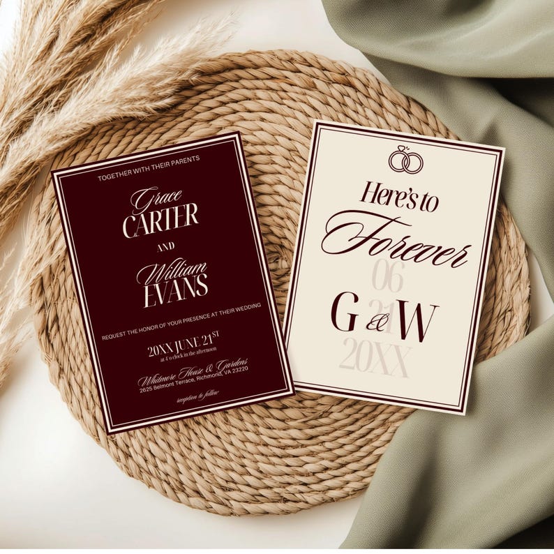 Editable Old Money Wedding Invitation Template, Printable Burgundy ...