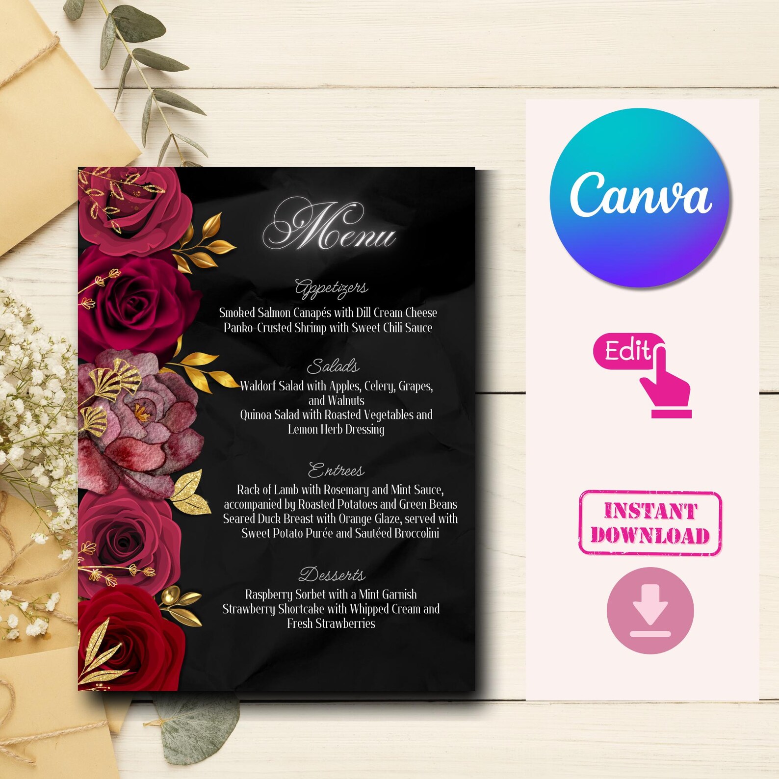 Editable Red Black Gold Wedding Menu Card Template, Printable Red Roses ...