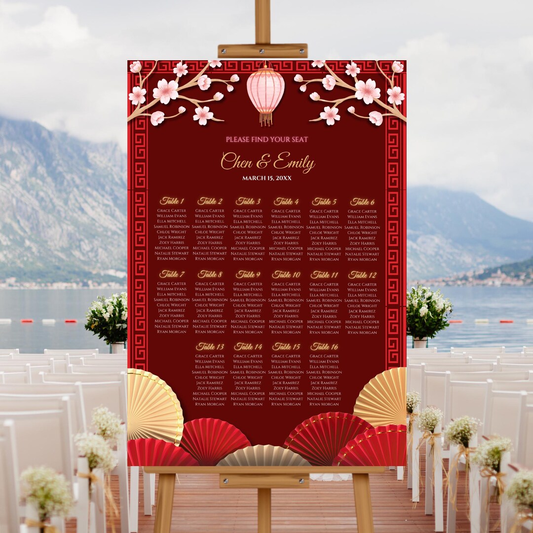 Editable Red Gold Pink Chinese Wedding Seating Chart Template ...