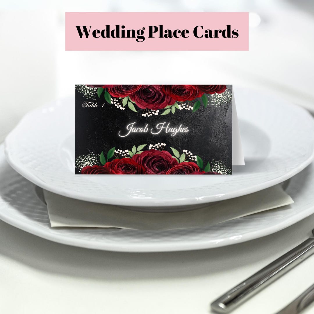 Editable Black Red Roses Floral Wedding Place Card Template, Printable ...