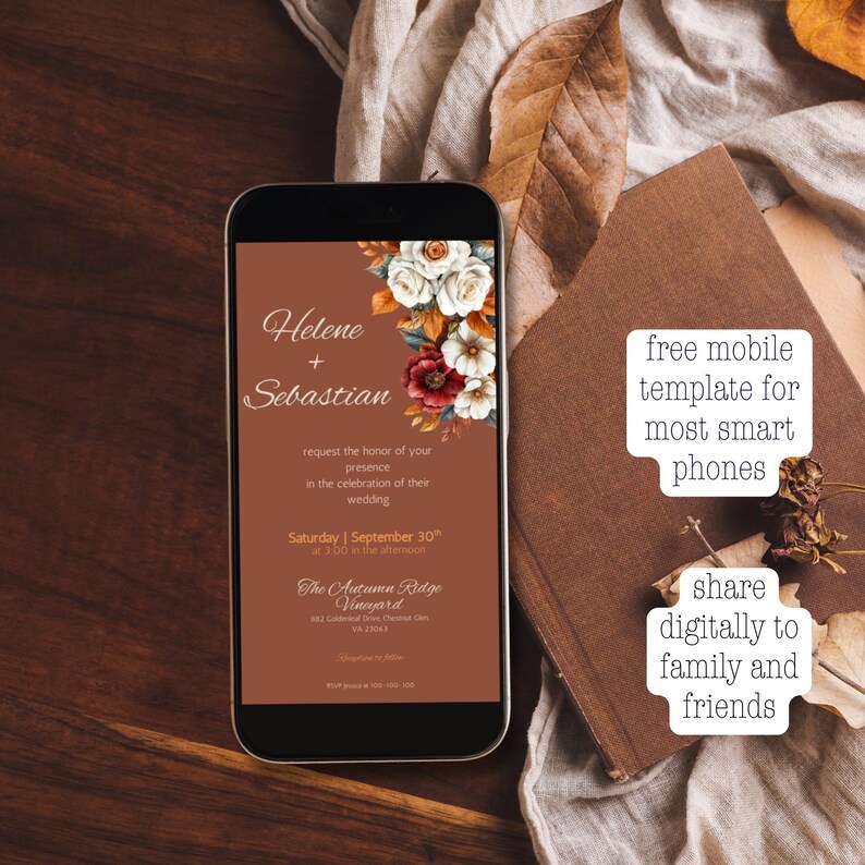 Editable Rust Colored Fall Wedding Invitation Template, Floral Autumn ...