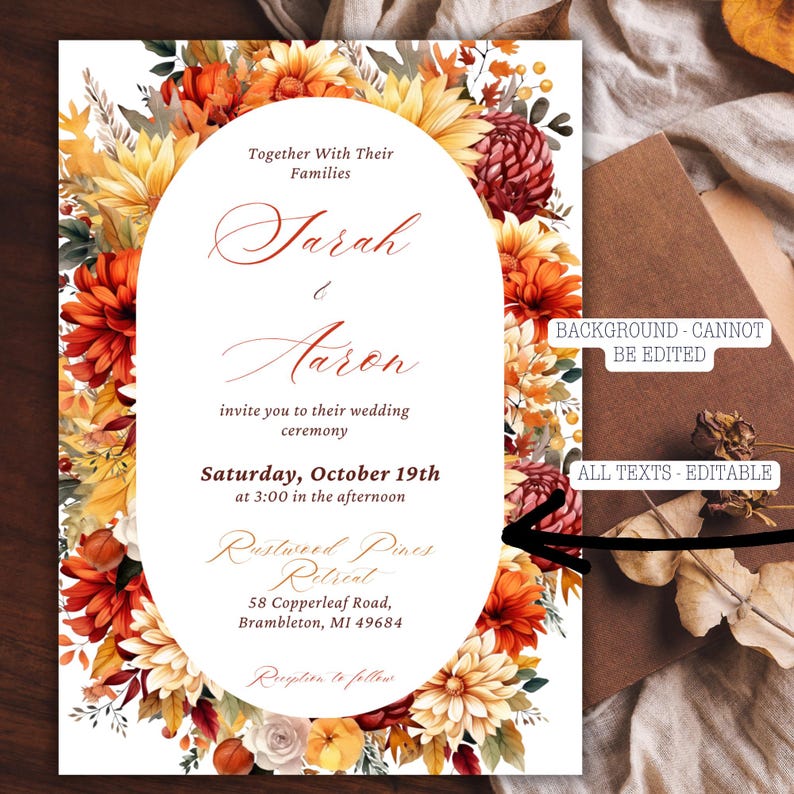 Editable Fall Floral Wedding Invitation Template, Printable Oval Floral ...