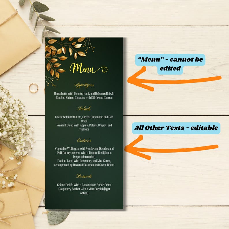 Editable Emerald Green and Gold Leaves Wedding Menu 4x9 Template ...