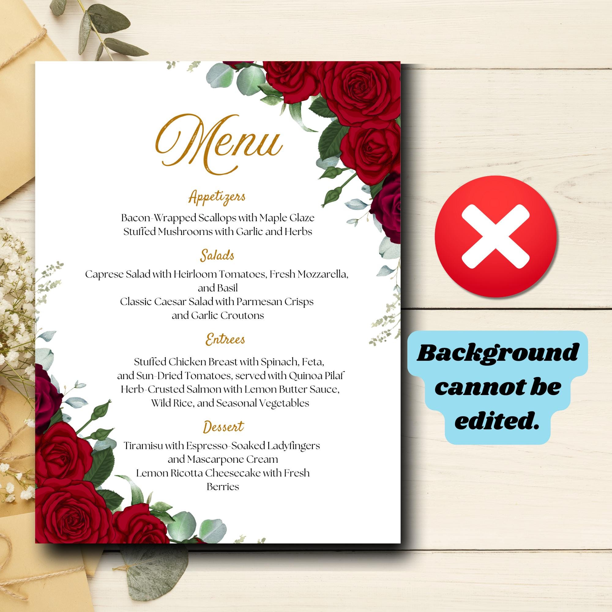 Wedding Menu Template Red Roses Editable, Wedding Menu Cards Template ...