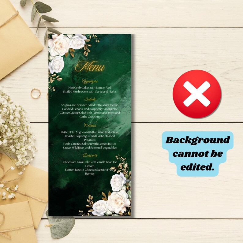Editable Emerald Green and Gold 4x9 Menu Card Template, Printable Green ...