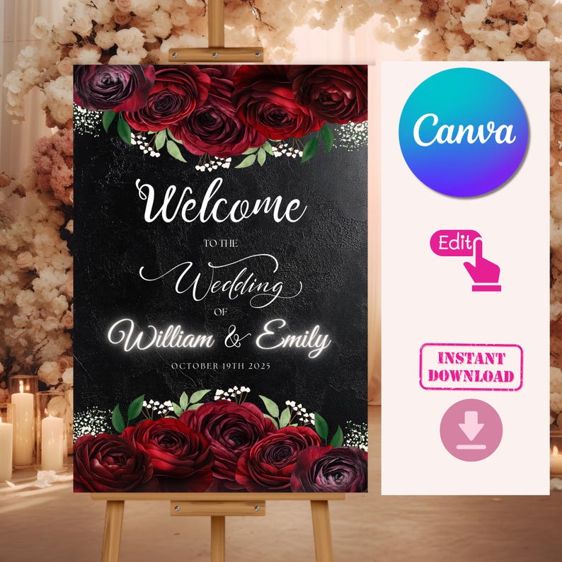 Editable Black With Red Roses Wedding Welcome Sign Template, Printable ...