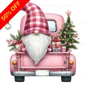 Pink Christmas Gnomes in Vintage Truck PNG Clipart, Christmas Gnome and ...