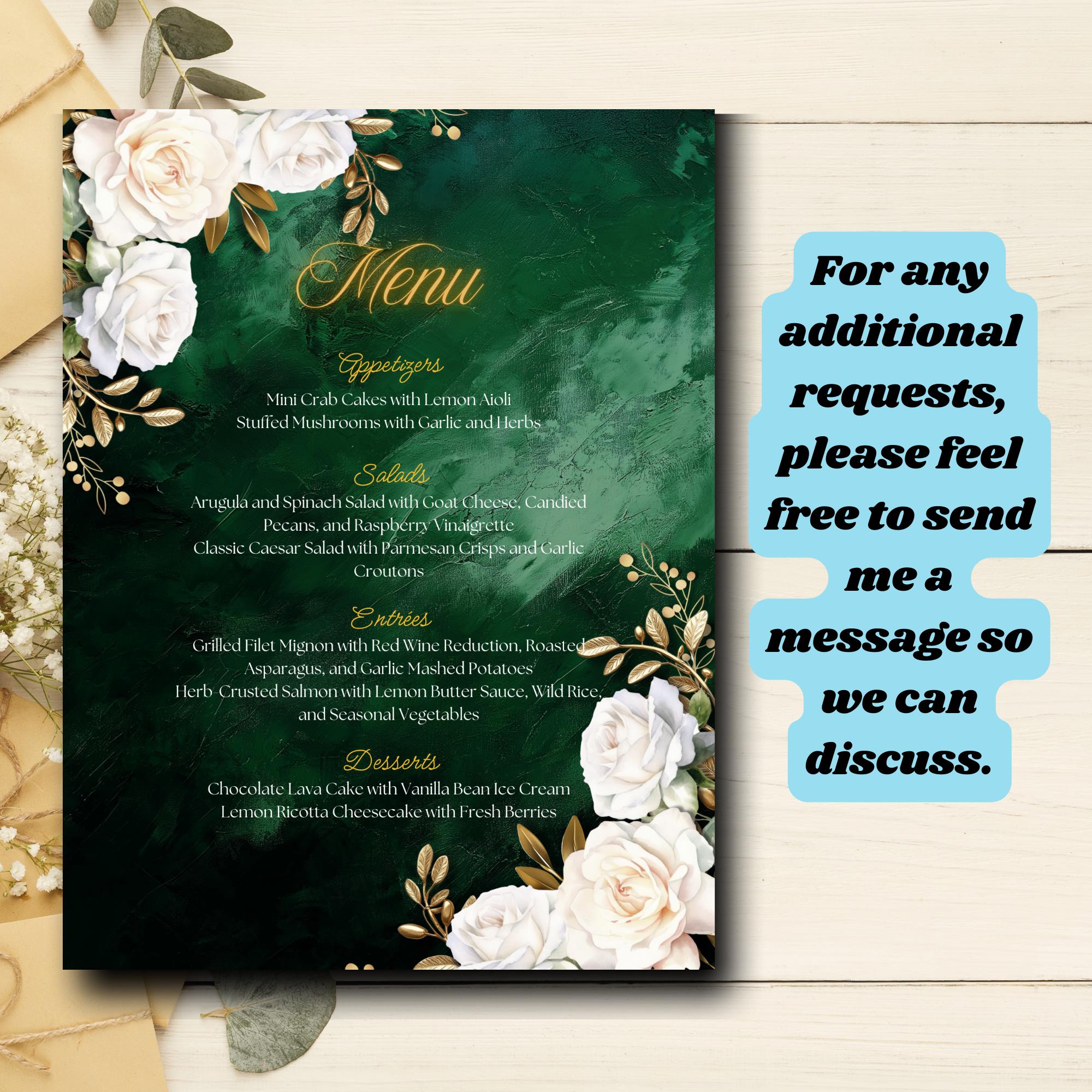 Editable Emerald Green and Gold Menu Card Template, Printable Green ...