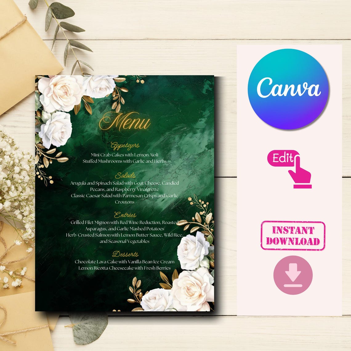 Editable Emerald Green and Gold Menu Card Template, Printable Green ...