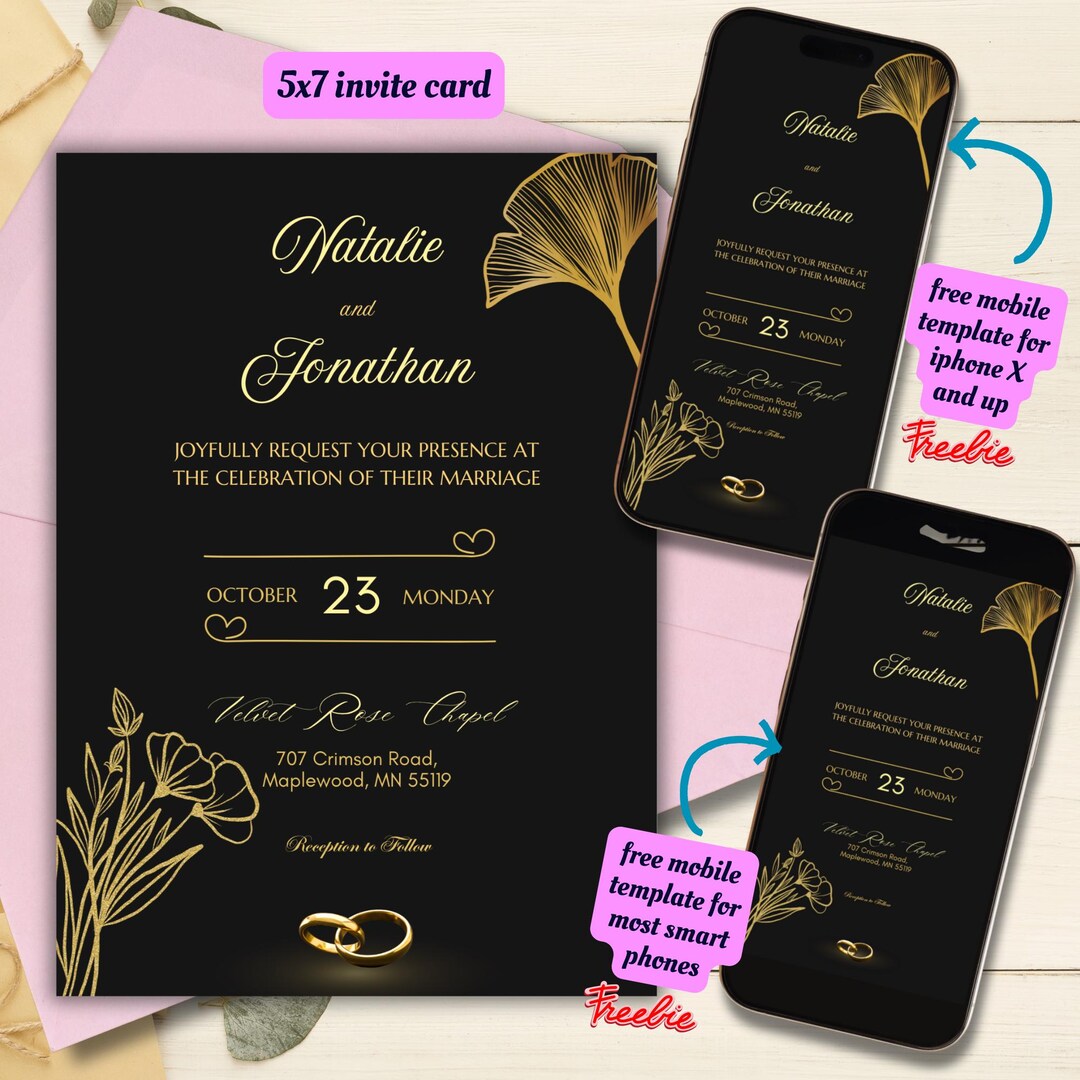 Editable Black and Gold Wedding Invitation Template, Printable Gold and ...