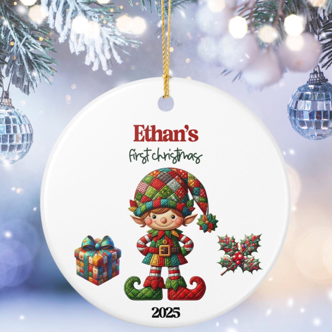 Personalized Patchwork Style Elf Baby's First Christmas Ornament ...