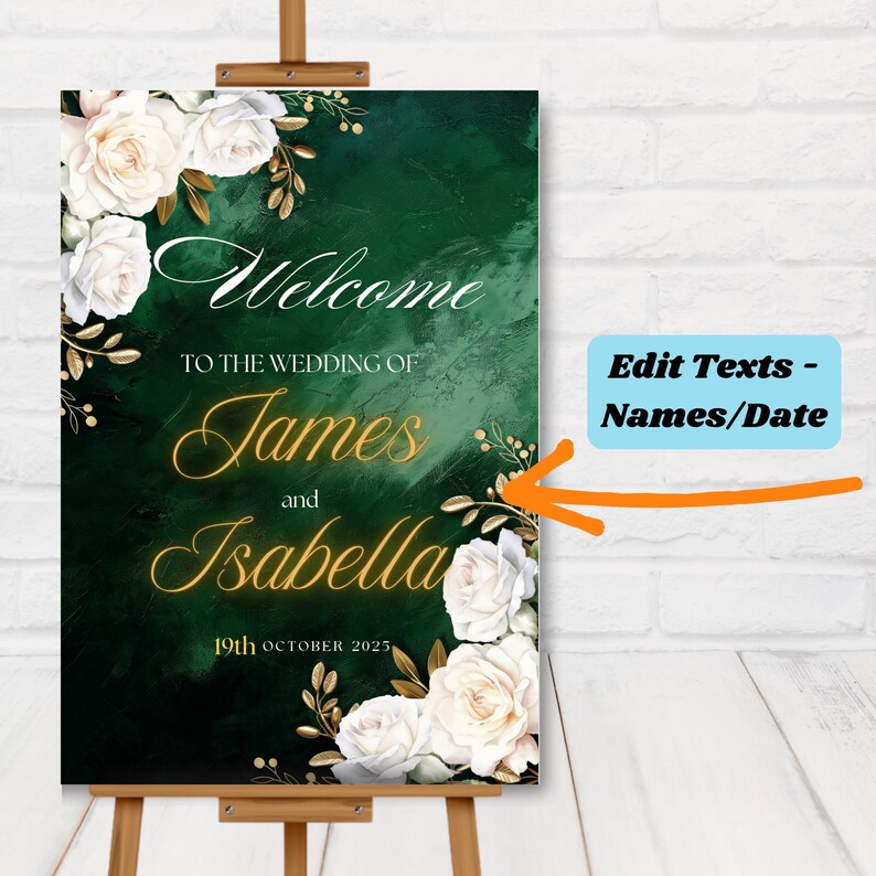 Editable Emerald Green Floral Wedding Welcome Sign Template, Wedding ...