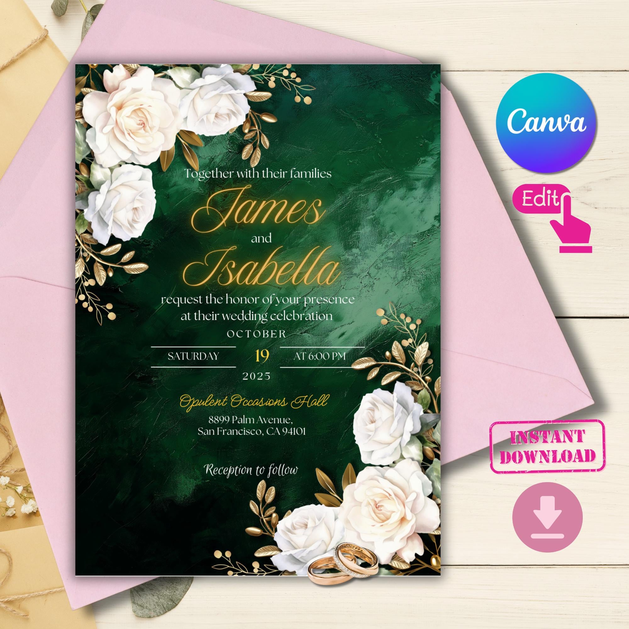 Editable Emerald Green Wedding Invitation Template, Gold and Green ...