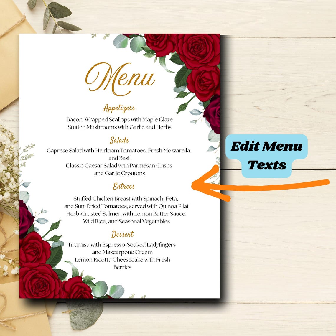 Wedding Menu Template Red Roses Editable, Wedding Menu Cards Template ...