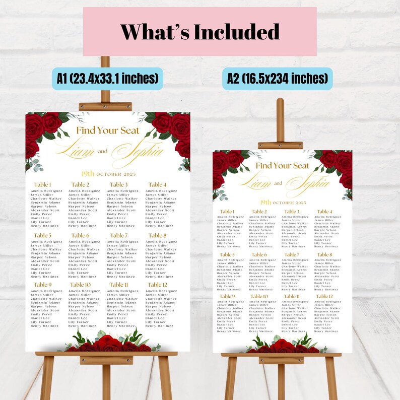 Wedding Seating Chart Template White Background and Red Roses Editable ...