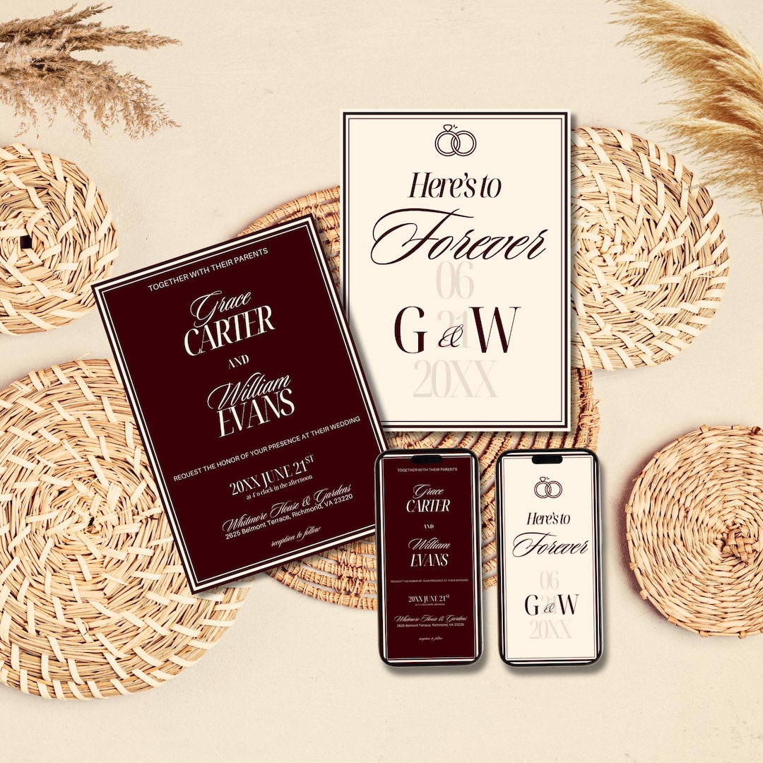 Editable Old Money Wedding Invitation Template, Printable Burgundy ...