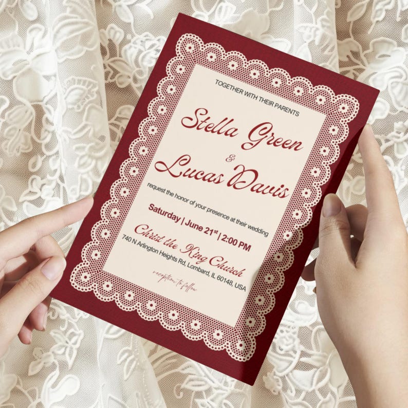 Editable Doily Lace Wedding Invitation Template, Printable Red Cream ...