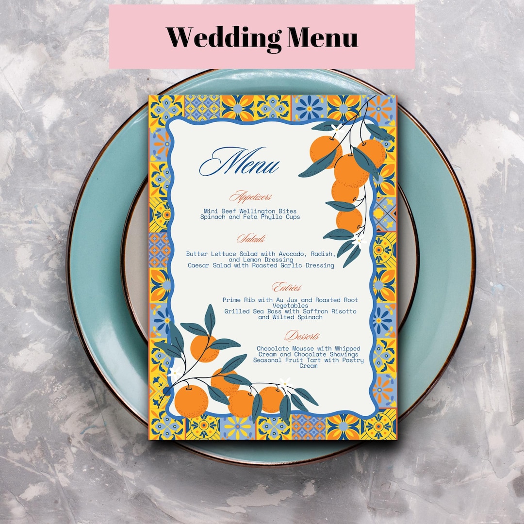 Editable Blue and Orange Wedding 5X7 Menu Template, Printable Amalfi ...