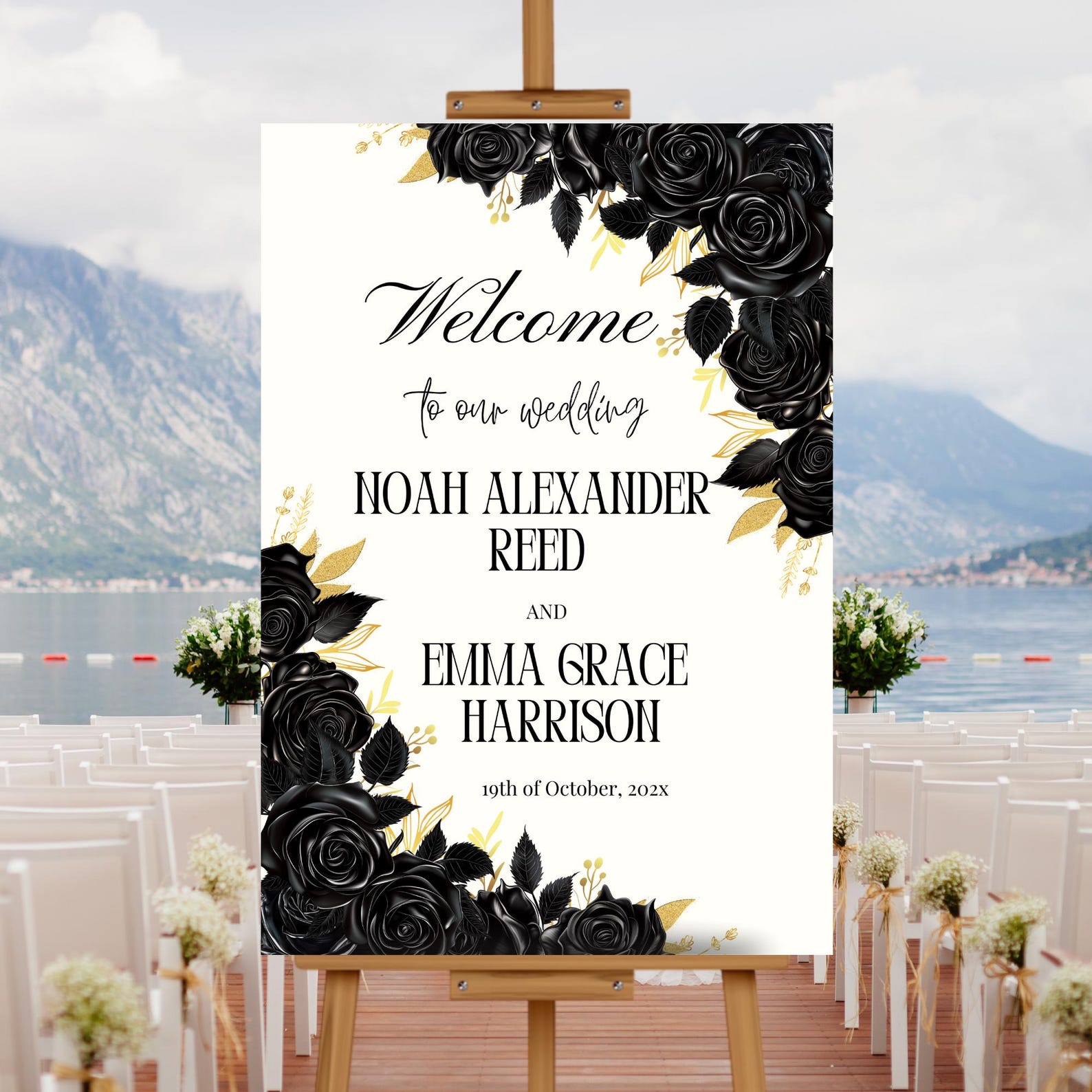 Editable Black Roses With Gold Accents Welcome Sign Template, Printable ...