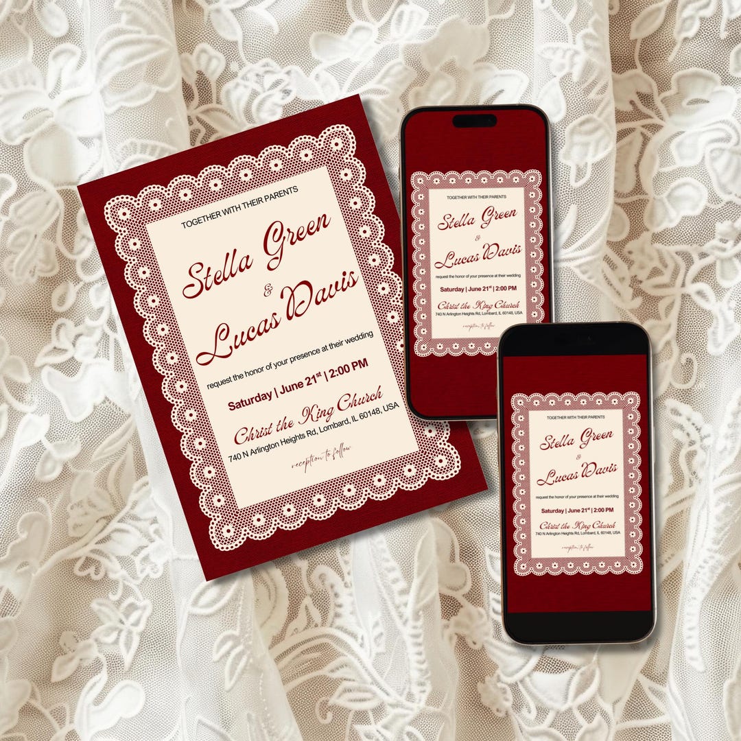 Editable Doily Lace Wedding Invitation Template, Printable Red Cream ...