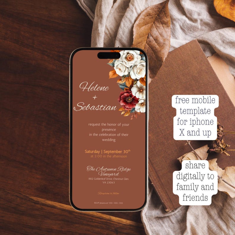 Editable Rust Colored Fall Wedding Invitation Template, Floral Autumn ...