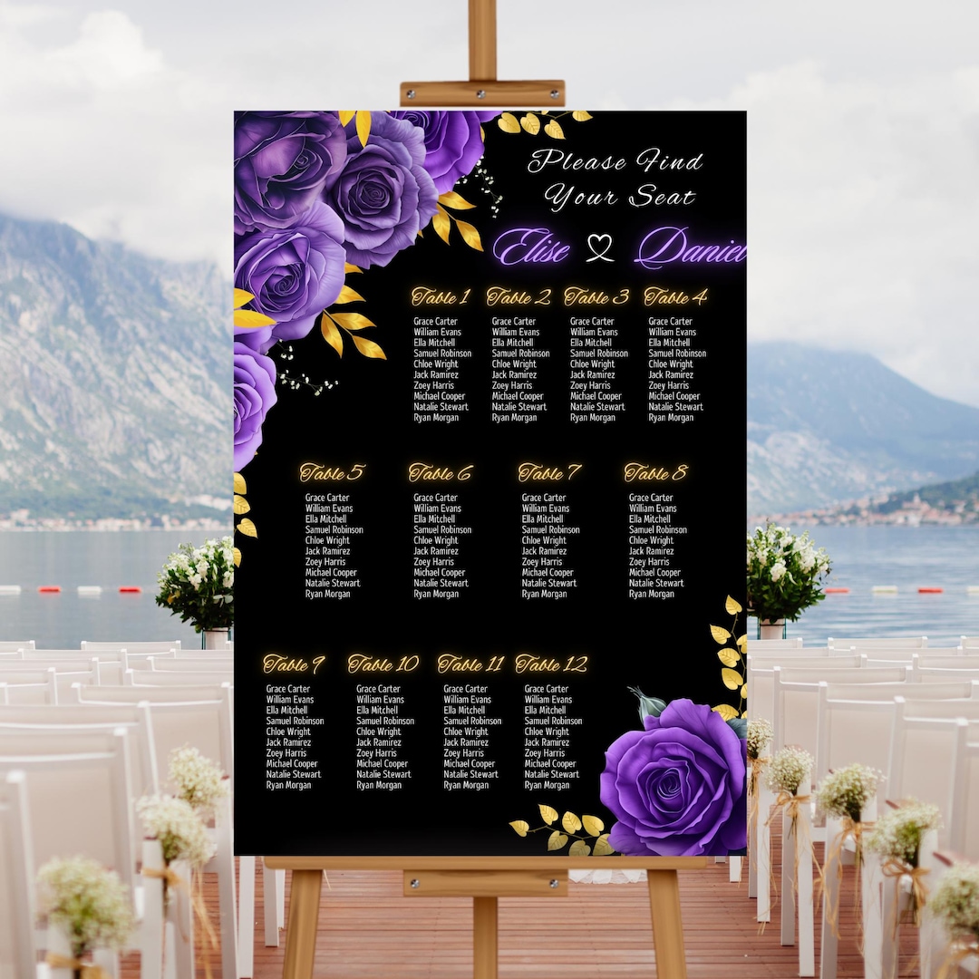 Editable Black Seating Chart Template for Weddings, Printable Purple ...