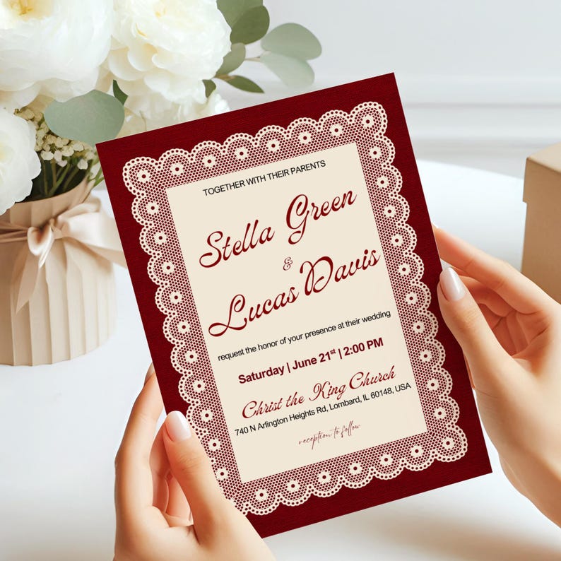 Editable Doily Lace Wedding Invitation Template, Printable Red Cream ...