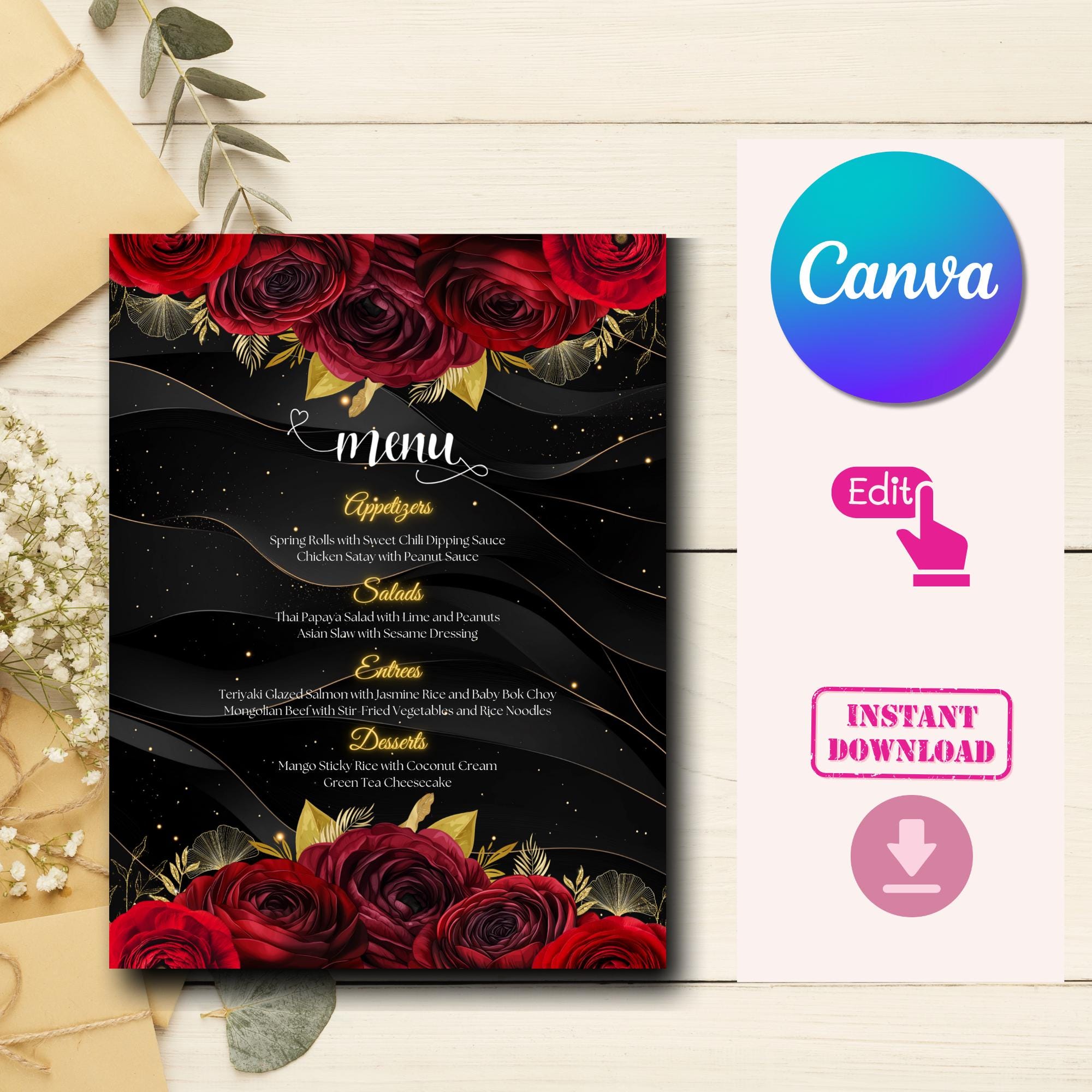 Editable Black Background With Red Floral Design Wedding Menu Template ...