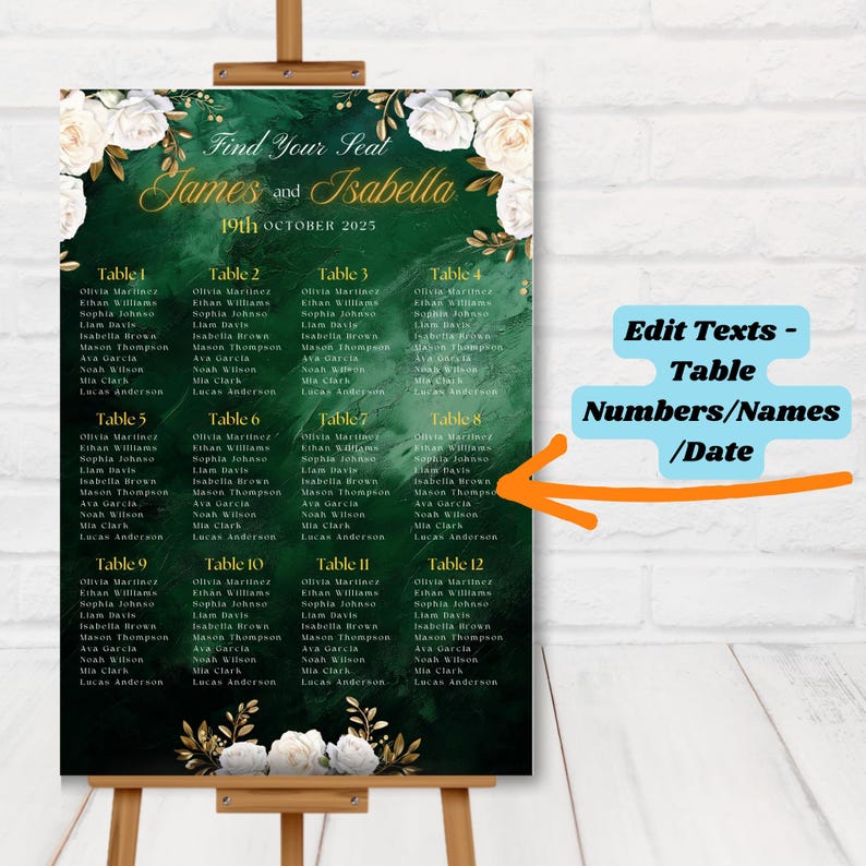Editable Emerald Green and Gold Wedding Seating Chart Template, Green ...