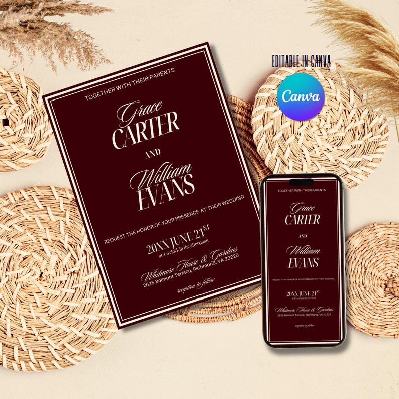 Editable Old Money Wedding Invitation Template, Printable Burgundy ...