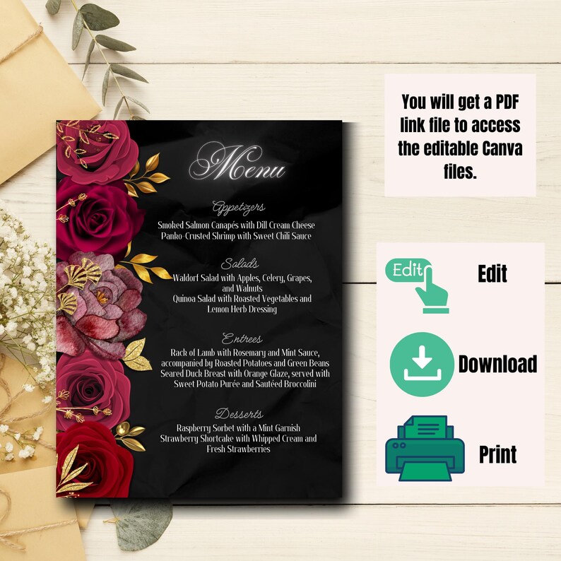 Editable Red Black Gold Wedding Menu Card Template, Printable Red Roses ...