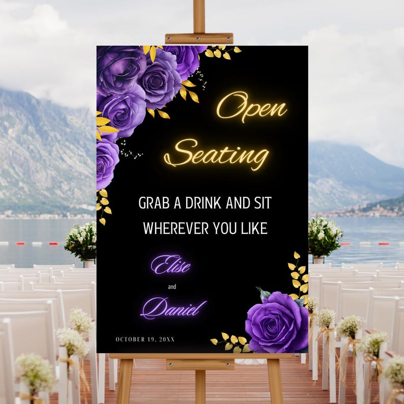 Editable Black and Purple Wedding Open Seating Sign Template, Printable ...