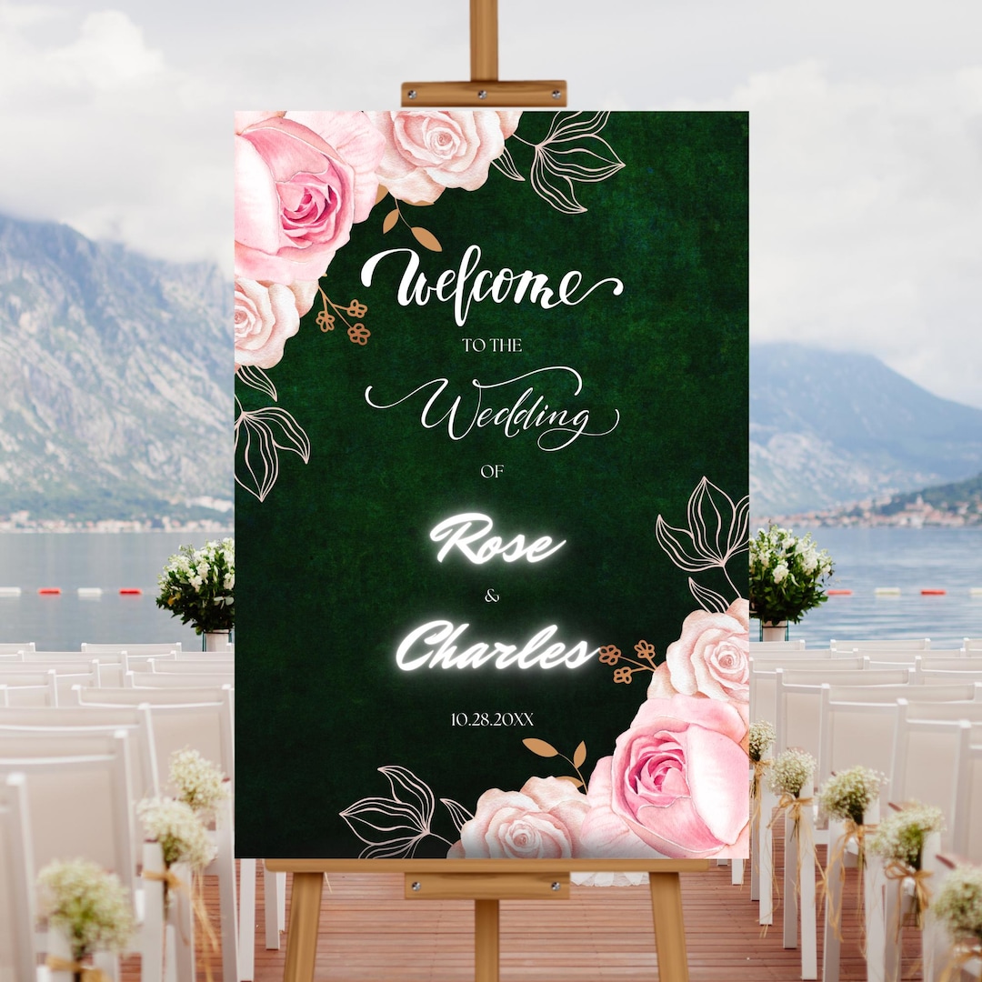 Editable Emerald Green and Pink Floral Wedding Party Welcome Sign ...