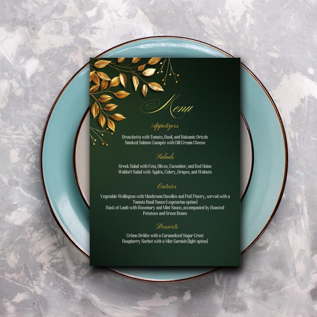 Editable Emerald Green and Gold Leaves Wedding Menu Template, Emerald ...