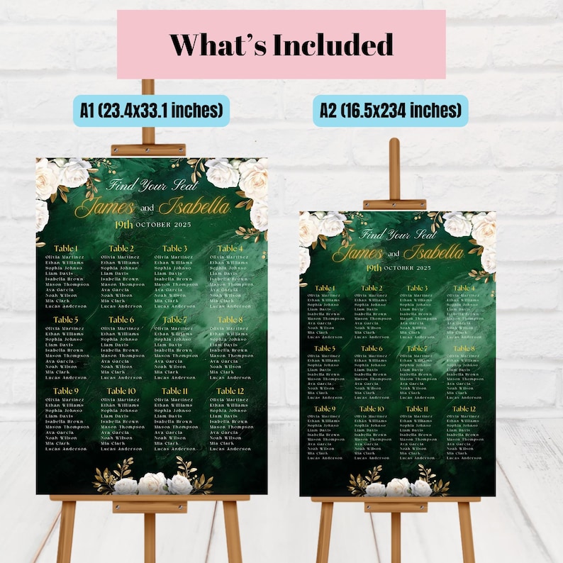 Editable Emerald Green and Gold Wedding Seating Chart Template, Green ...