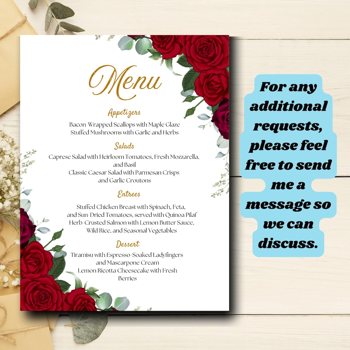Wedding Menu Template Red Roses Editable, Wedding Menu Cards Template ...