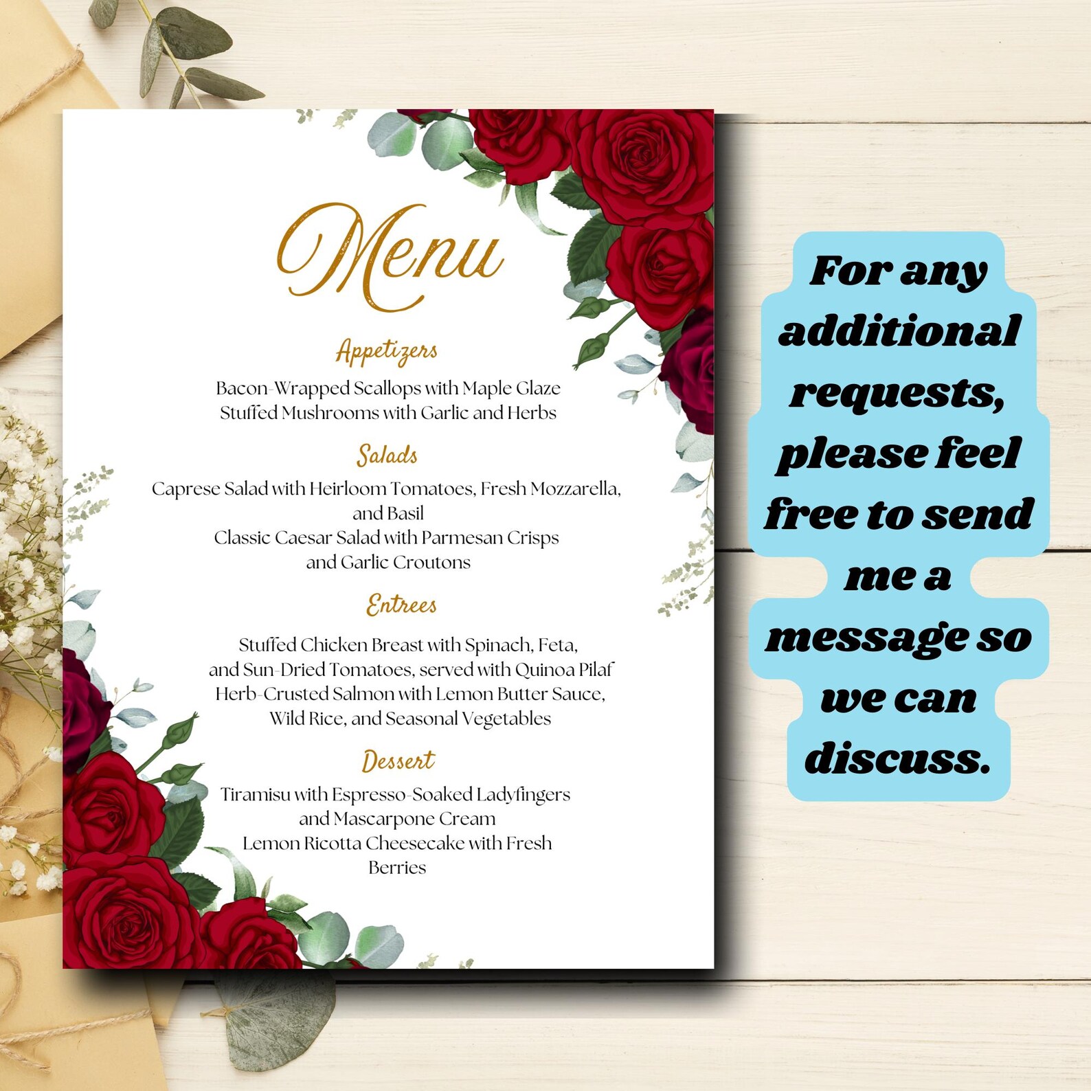 Wedding Menu Template Red Roses Editable, Wedding Menu Cards Template ...