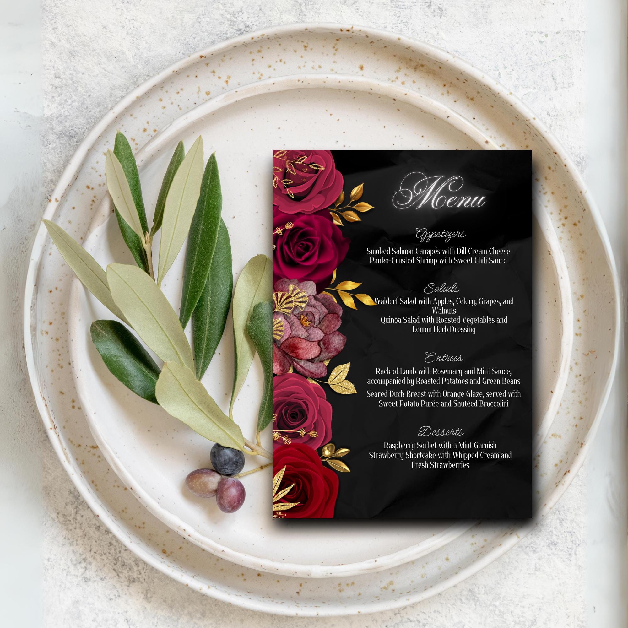 Editable Red Black Gold Wedding Menu Card Template, Printable Red Roses ...