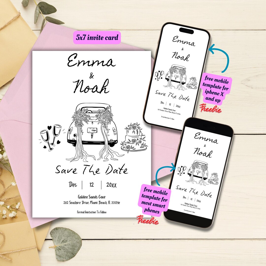 Editable Illustrated Save the Date Template, Whimsical Scribble ...