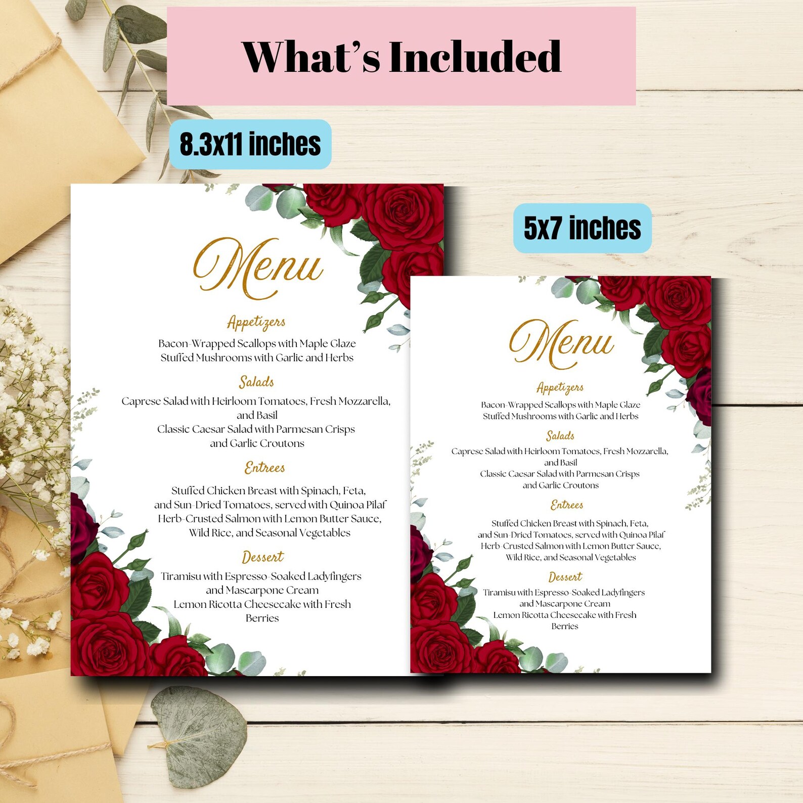 Wedding Menu Template Red Roses Editable, Wedding Menu Cards Template ...