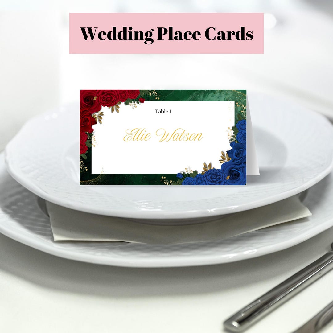 Editable Red and Blue Floral Wedding Place Cards Template, Printable ...