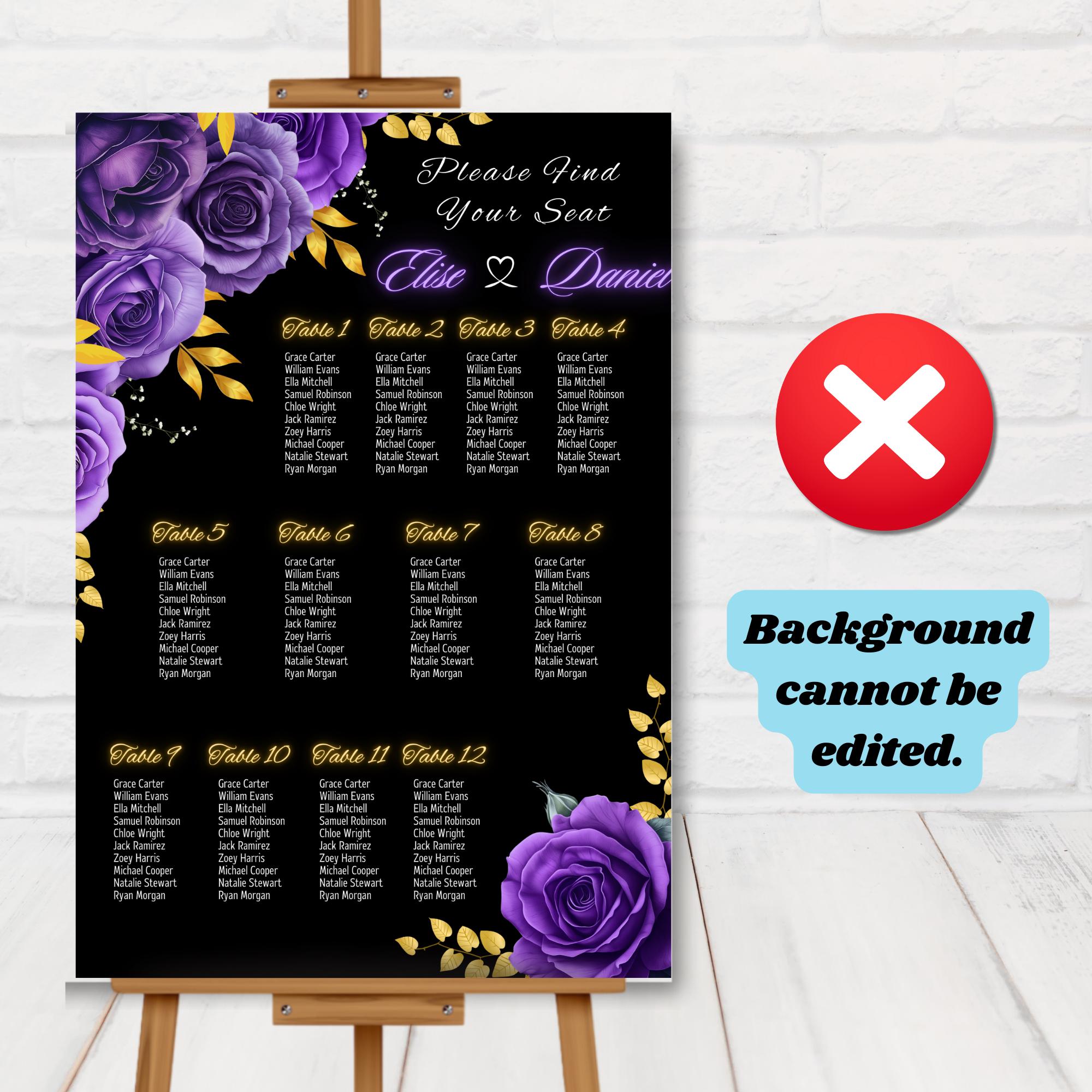 Editable Black Seating Chart Template for Weddings, Printable Purple ...