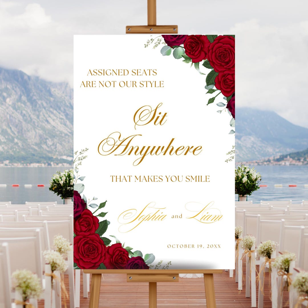 Editable Red Roses Sit Anywhere Wedding Seating Sign Template ...
